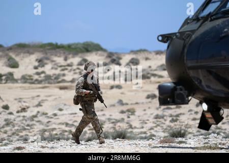 A member of the RAF Regiment after deploying from a Puma helicopter of ...