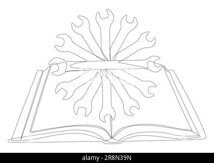 One continuous line of Book with Wrench. Thin Line Illustration ...