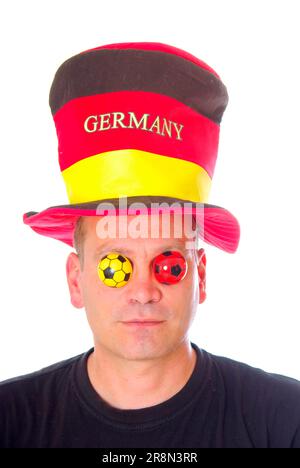Man with little footballs on his eyes, football fan, thumbs up, thumbs ...