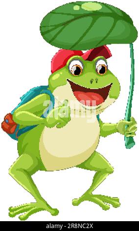 Cute green frog holding leaves illustration Stock Vector Image & Art ...