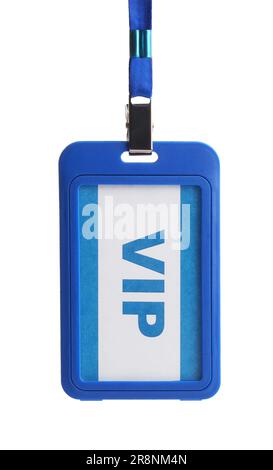 Blue plastic VIP badge hanging on white background Stock Photo - Alamy