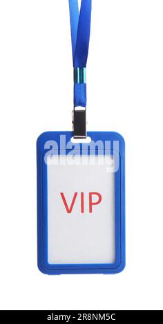 Blue plastic vip badge hanging on yellow background Stock Photo - Alamy