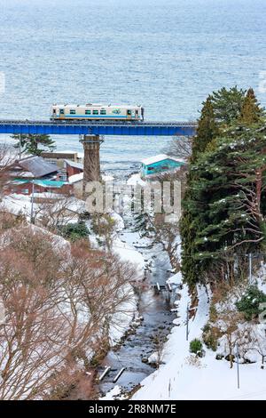 Japan Sea and Gono line in summer, Resort-Shirakami train of Kumagera ...