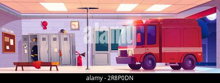 Fire station interior. Empty firehouse building with garage for red ...