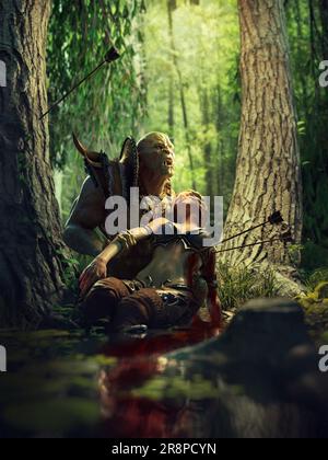 3D render of a fantasy scene featuring an orc petting his canine ...