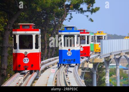 Colorful capsule train in Busan. Tourist attraction in South Korea ...