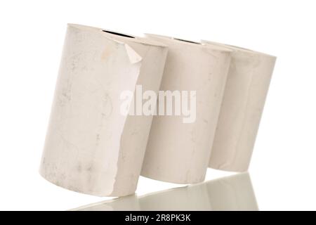 Three rolls of paper cash register tape, close-up isolated on white ...