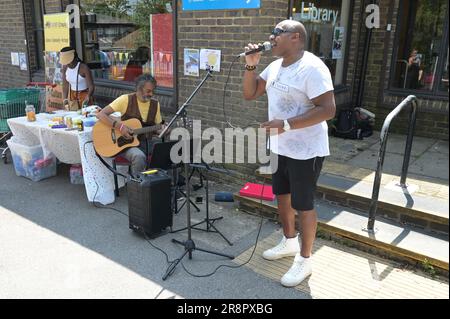 A black vocalist singing outside Broadfield Library Stock Photo - Alamy