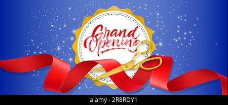 Grand opening blue sparkling banner design with scissors and ribbon ...