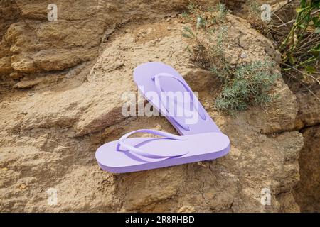 Stylish lilac flip-flops on rock Stock Photo - Alamy