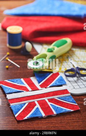 Parts of future pincushion viewing like union jack flag, sewing ...