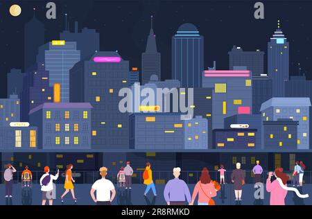 Festive city night concept. Crowd of people with children celebrating ...