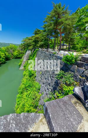 High stonewalls and inner moat of Iga-Ueno Castle in fresh green Stock ...