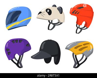Cartoon helmets set. Bikers helmet collection, isolated head protect ...