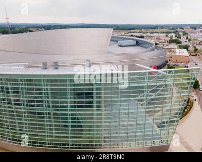 Aerial photograph of the BOK Center in downtown Tulsa on an overcast ...