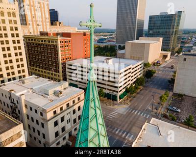 Aerial photograph of steeple of First Baptist Church in downtown Tulsa ...