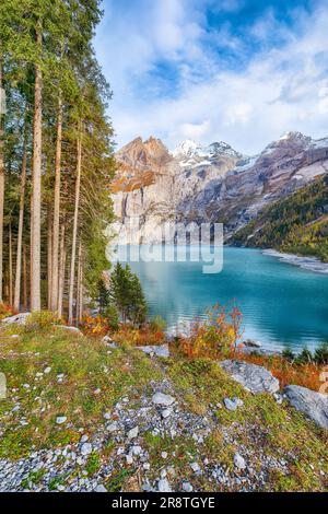 Amazing autumn view of Oeschinensee Lake. Scene of Swiss Alps with ...