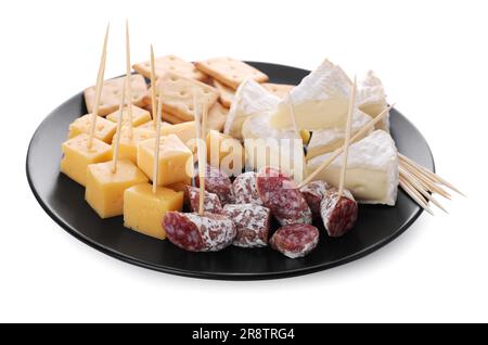 Toothpick appetizers. Tasty cheese, sausage, crackers and grapes on ...