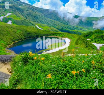 Nikkoh sedge and Lake Chokai Stock Photo - Alamy