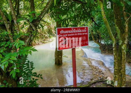 Warning No Swimming Sign at Kuang Si Falls near Luang Prabang in Loas ...