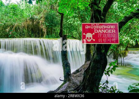 Warning No Swimming Sign at Kuang Si Falls near Luang Prabang in Loas ...