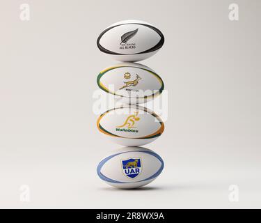 A 3D render of a stack of generic rugby balls imprinted with the logos ...