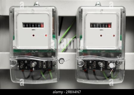 Electric meters and wires in fuse box Stock Photo - Alamy