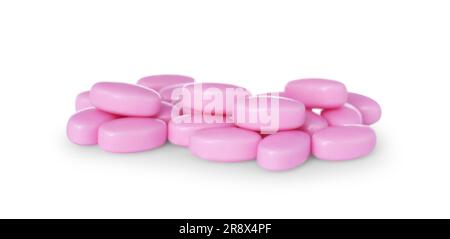 Tasty pink dragee candies on white background Stock Photo - Alamy