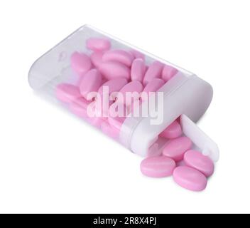 Tasty dragee candies and container on lilac background, flat lay Stock ...