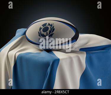 A 3D render of a generic rugby ball imprinted with the Springbok logo ...