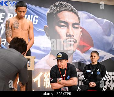 Kazuto Ioka (L) of Japan and his trainer Ismael Salas during the weigh-in for the WBA super ...