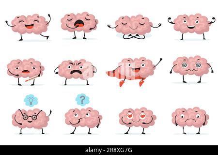 Cute brainy character expression flat icon set. Cartoon brain with ...