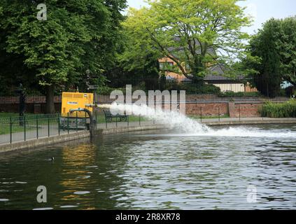 Pump aerating water in an ornamental pool during hot weather in 2023 ...