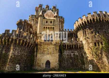 Butron castle, a medieval fortress with neo-gothic architecture, stands ...