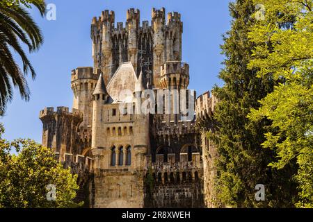Butron castle, a medieval fortress with neo-gothic architecture, stands ...