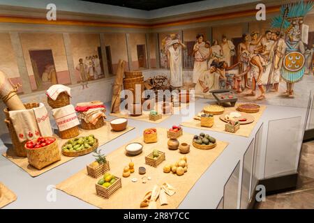 Display of Aztec foods and market, archaeological site and museum of ...