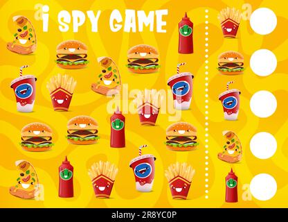 I spy game. Cartoon fast food characters on sport vacation. Object ...