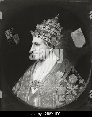 Portrait of Pope Adrian VI in oval, framed with palm leaves and Latin ...
