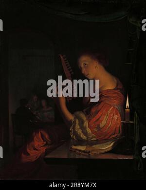 Woman Tuning a Theorbo, by Frans van Mieris (I), 1665, Dutch painting ...