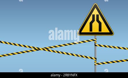 Caution - danger. Carefully narrow the passage. Warning sign. Yellow ...