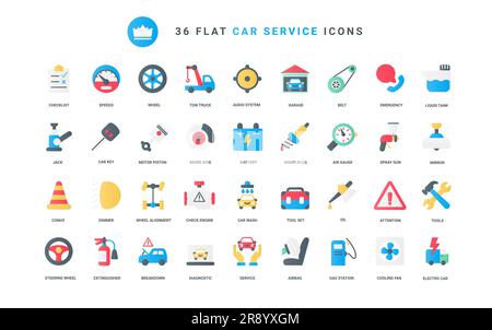 Automotive parts icons. Color vehicle spare part set and service tools ...