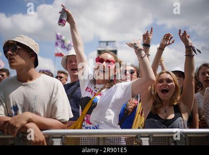 The crowd watching Maisie Peters performing on the Pyramid Stage, at ...