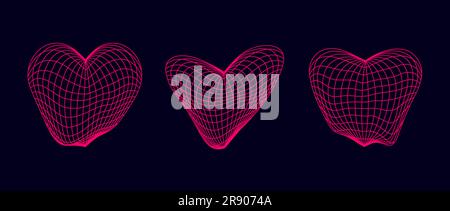 Distorted wireframe heart shapes set. Wrap grid design elements. Love and romantic or cardiology ...