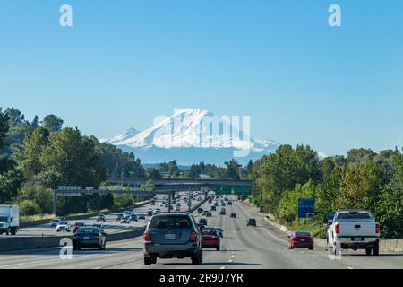 Drivers perspective view over busy and hilly Interstate 84 highway in ...