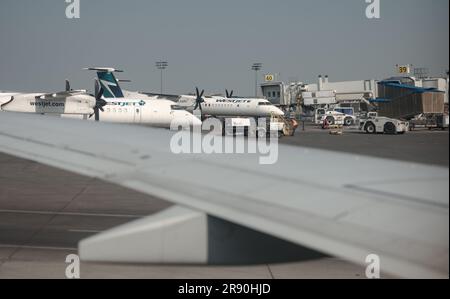 Westjet airplanes on the service ramp at Calgary Airport in Alberta ...