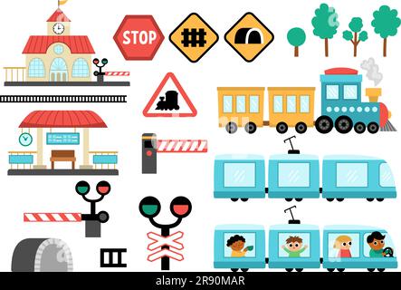 Steam train with railroad signs, vector cartoon illustration, coloring ...
