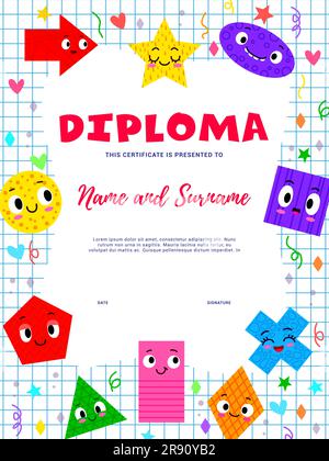 Kids diploma with math shape characters. School and kindergarten vector ...
