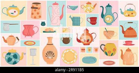Cartoon cute colored glass and ceramic crockery with different pattern ...