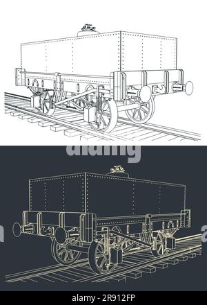 Stylized vector illustrations of blueprints of rectangular tar tank ...