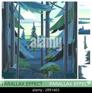 Summer forest landscape. Set parallax effect. Nature illustration. Dense foliage, shrubs and ...